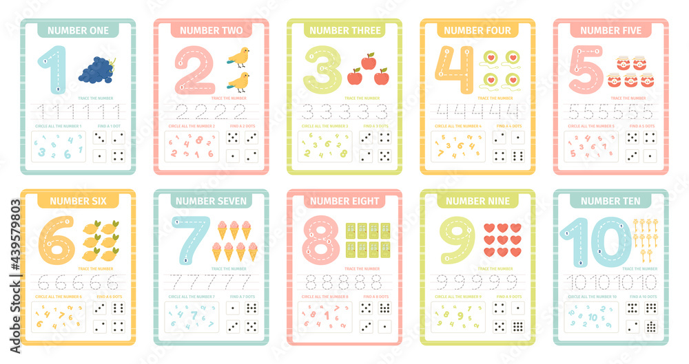 Numbers learning cards. Kindergarten flashcards with numbers, learning ...