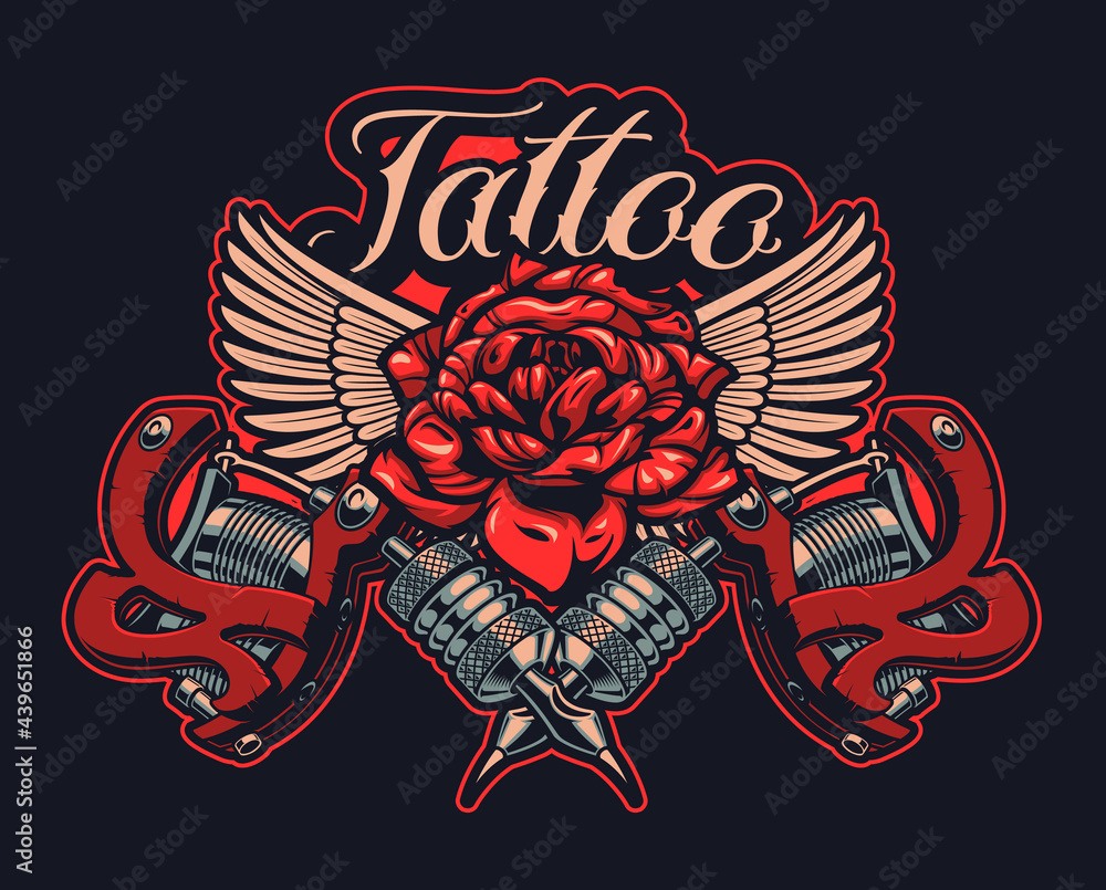 Color Illustration tattoo machines with rose and wings in vintage style ...