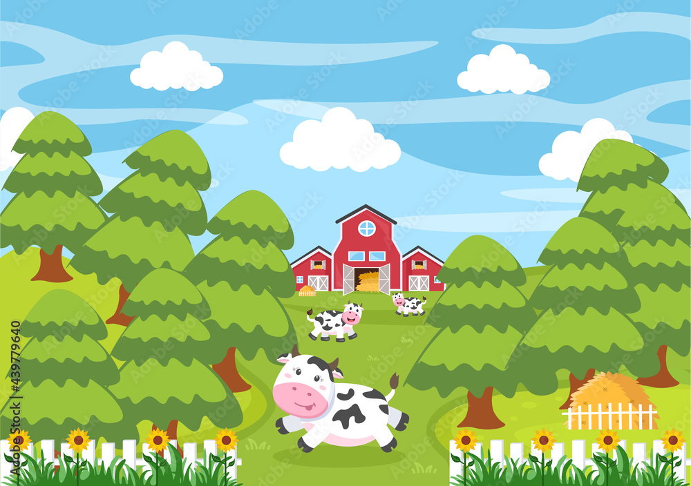Cute Cartoon Farm Animals Vector Illustration With Cow, Horse, Chicken ...