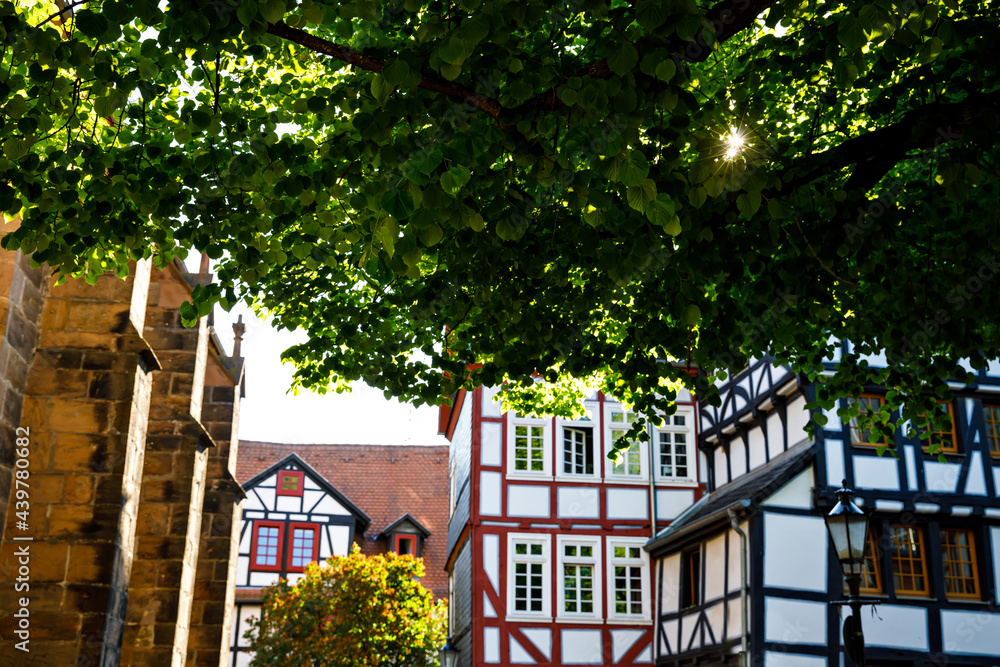 Cityscape of the German city of Marburg with historical townhall and ...