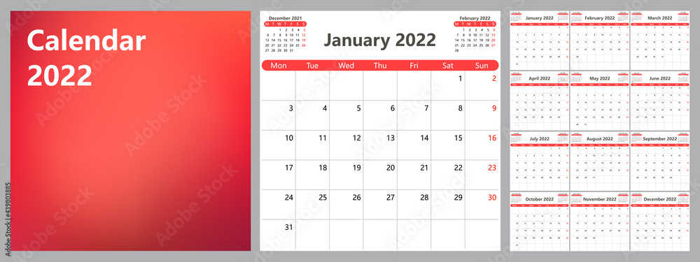 Calendar planner for 2022. The week starts on Monday. Vector ...