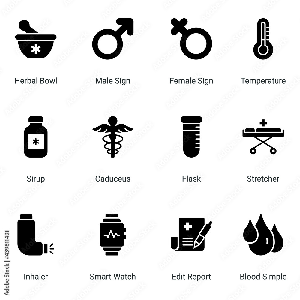 set of hospital and healthcare icons in Glyphs style. professionals and ...