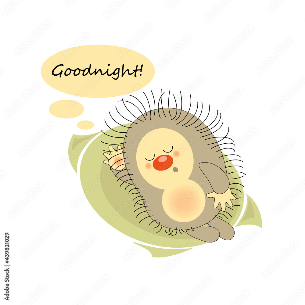 Goodnight. Sleeping hedgehog. Sticker, badge, sticky label with quote ...
