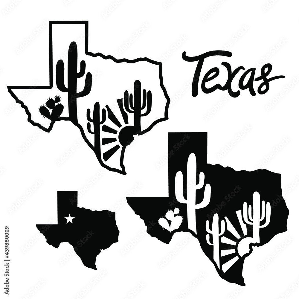 Vektor Texas map silhouette and cactuses desert black silhouette ...