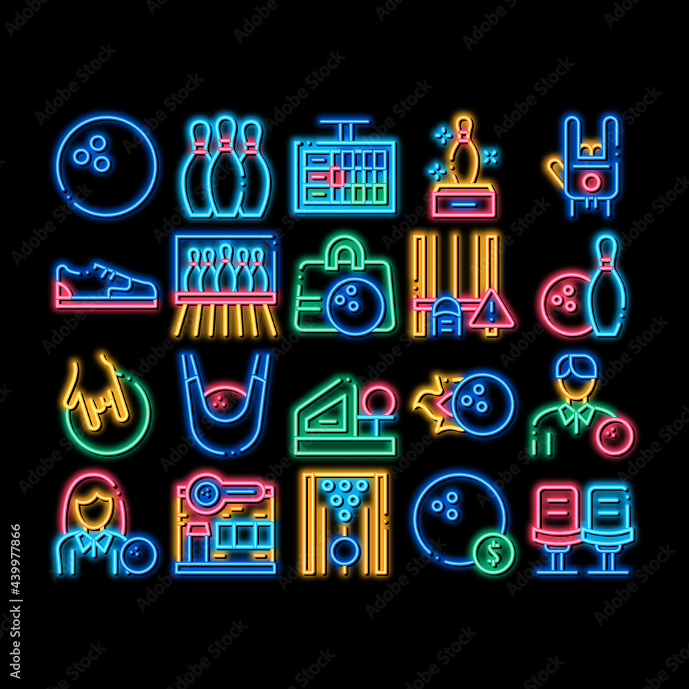 Bowling Game Tools neon light sign vector. Glowing bright icon Bowling ...