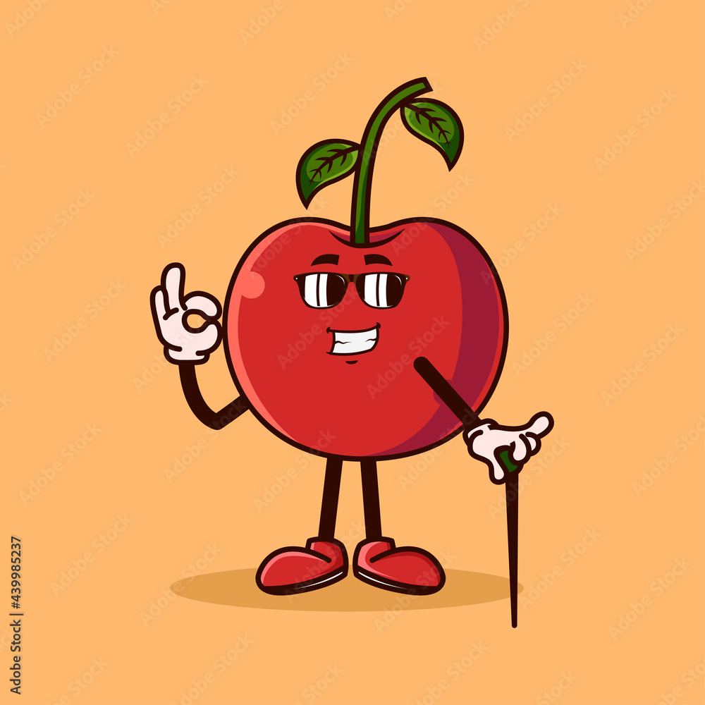Cute Cherry fruit character with eye glass and OK hand gesture. Fruit ...