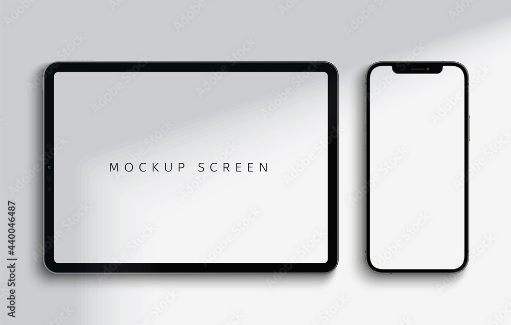 Realistic tablet and smartphone screen mockup with shadow on top of ...