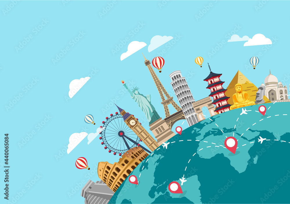 Travel and tourism on earth background. Travel by plane around the ...