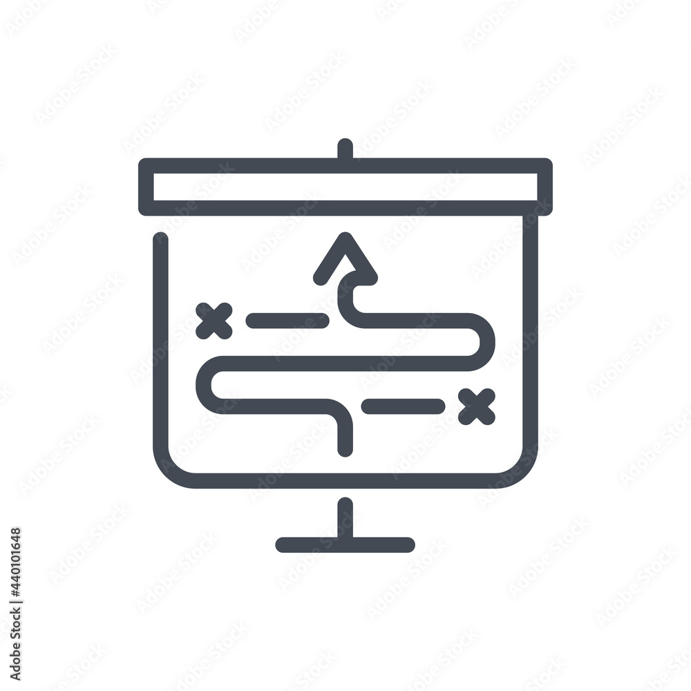 Strategy and tactics line icon. Presentation board with arrow way path ...