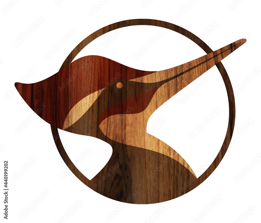 Wood-textured circular logo of a woodpecker This illustration combines ...