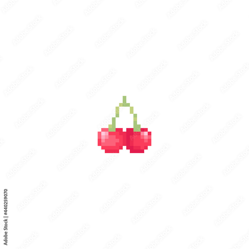 Pixel art cherry. Cute retro icon of couple of cherries for game assets ...