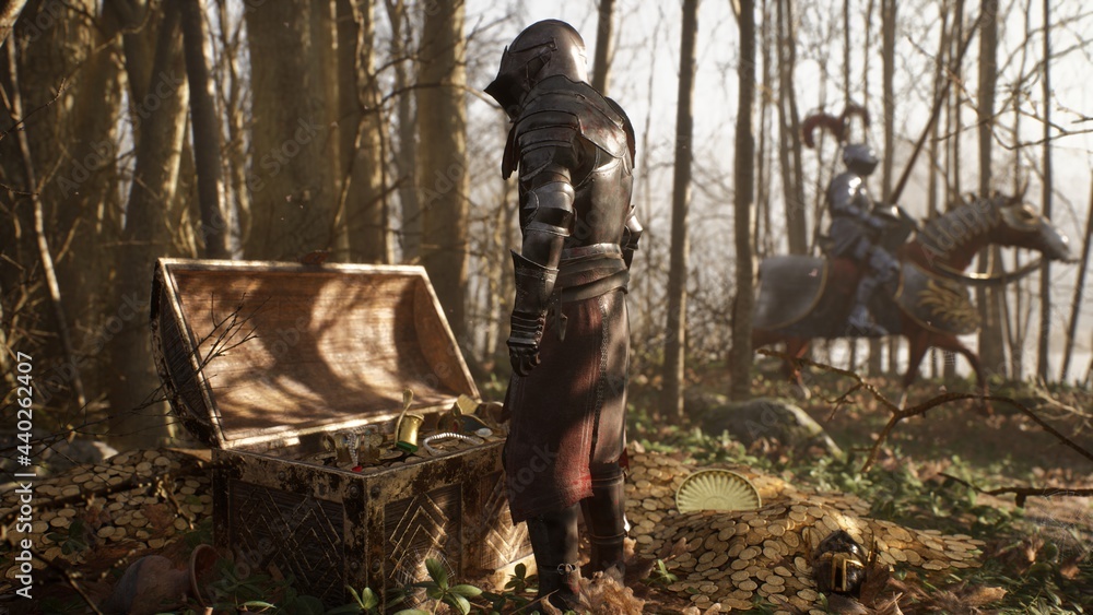 An ancient knight opens an old treasure chest with gold coins. Knights ...
