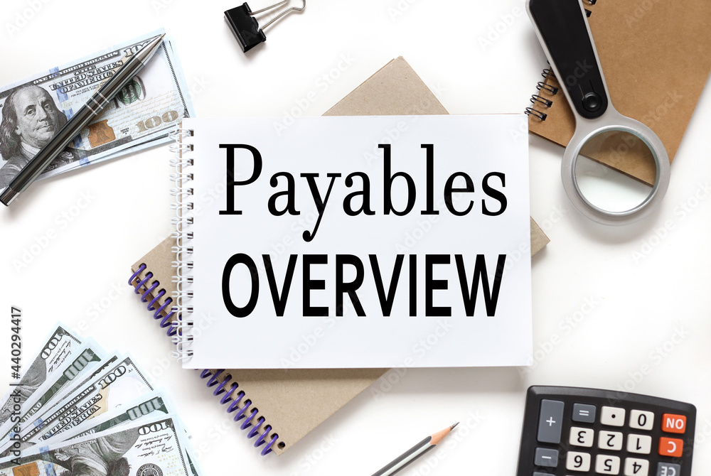PAYABLES OVERVIEW. notebook on white workspace. near the notepad dollar ...