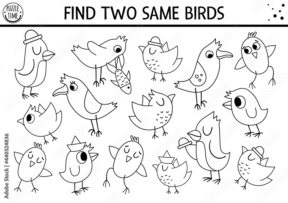 Find two same birds. Forest black and white matching activity or ...