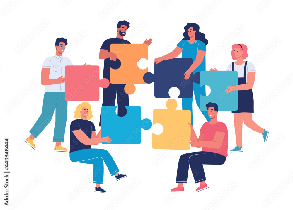 Different young people work together, teamwork vector illustration ...
