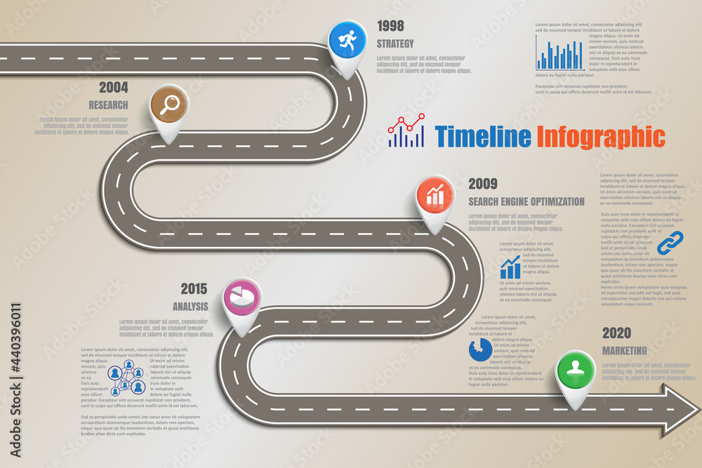 Vetor Business roadmap timeline infographic template with pointers ...