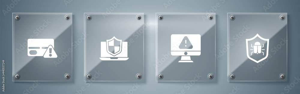 Set System bug, Monitor with exclamation mark, Laptop protected shield and Credit card. Square ...
