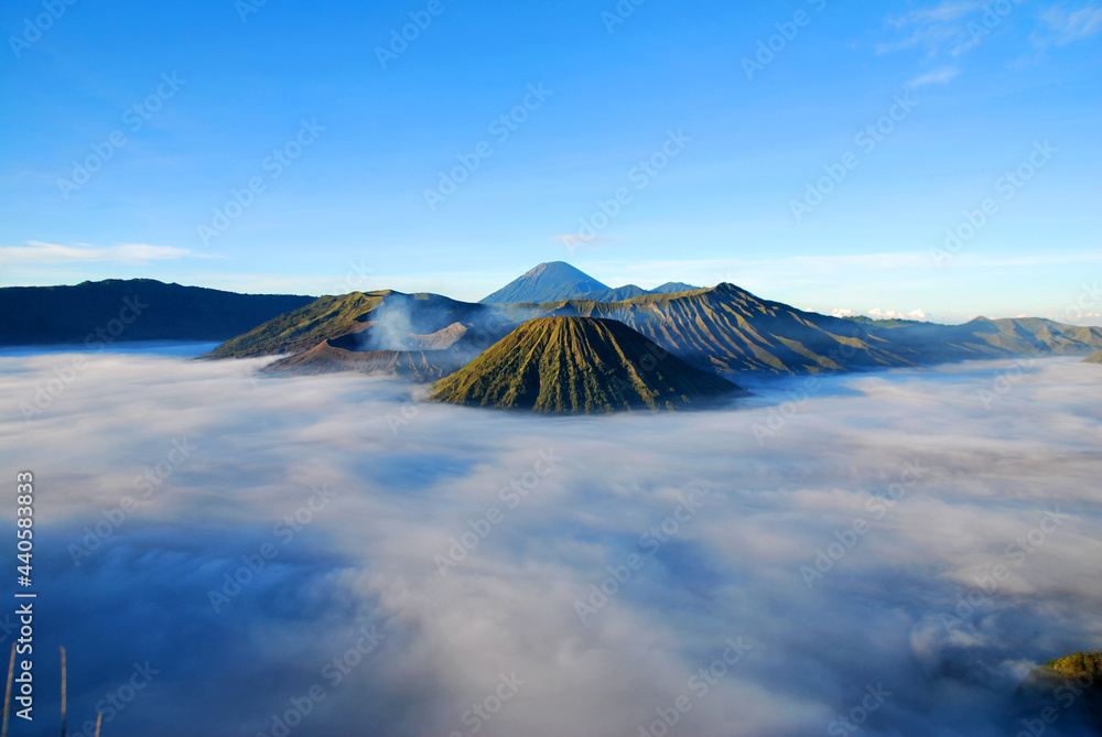 Bromo Mountain and fog around bromo mountain with sunrise from seruni ...