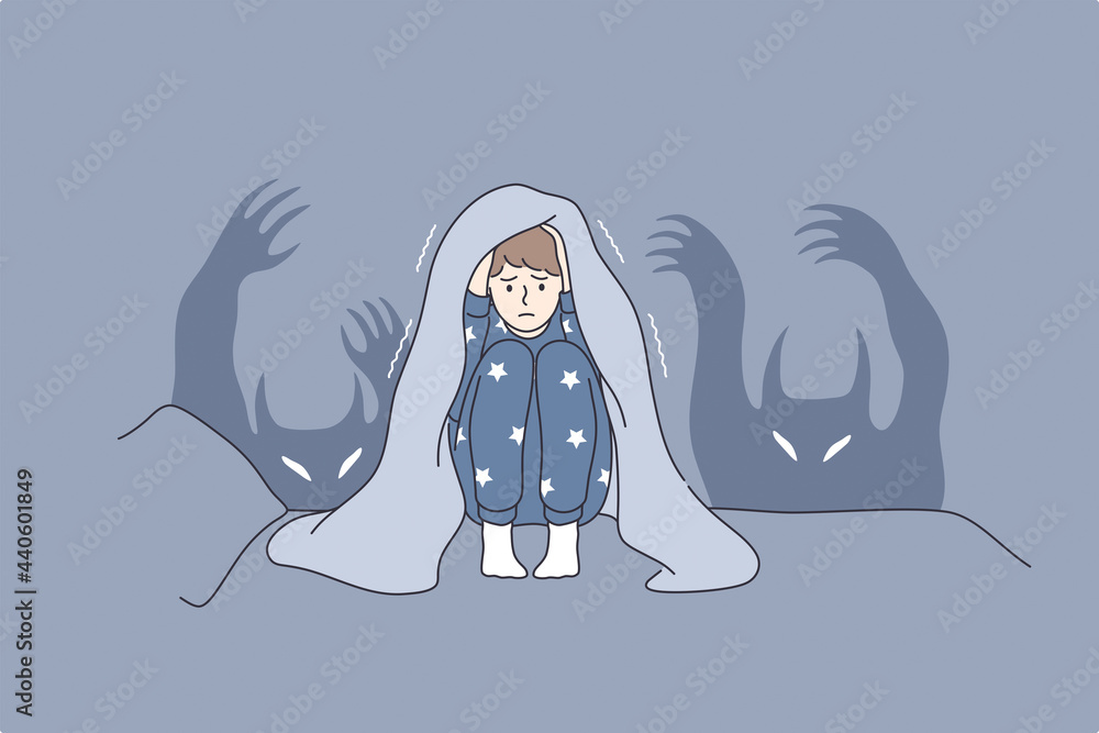 Children nightmares and fears concept. Afraid kid cartoon character ...