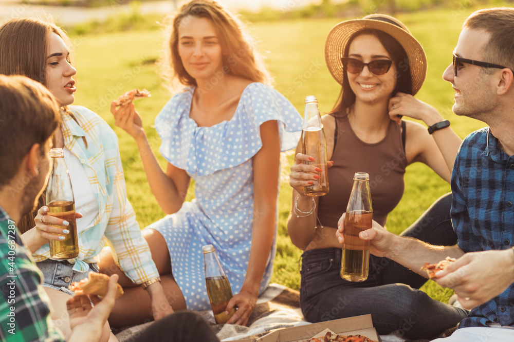 Group of friends eating pizza on a picnic in a summer park, Friends ...