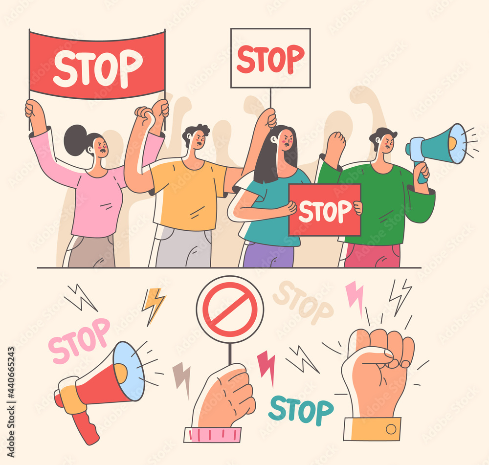 Angry crowd of people characters holding megaphone and placard and ...