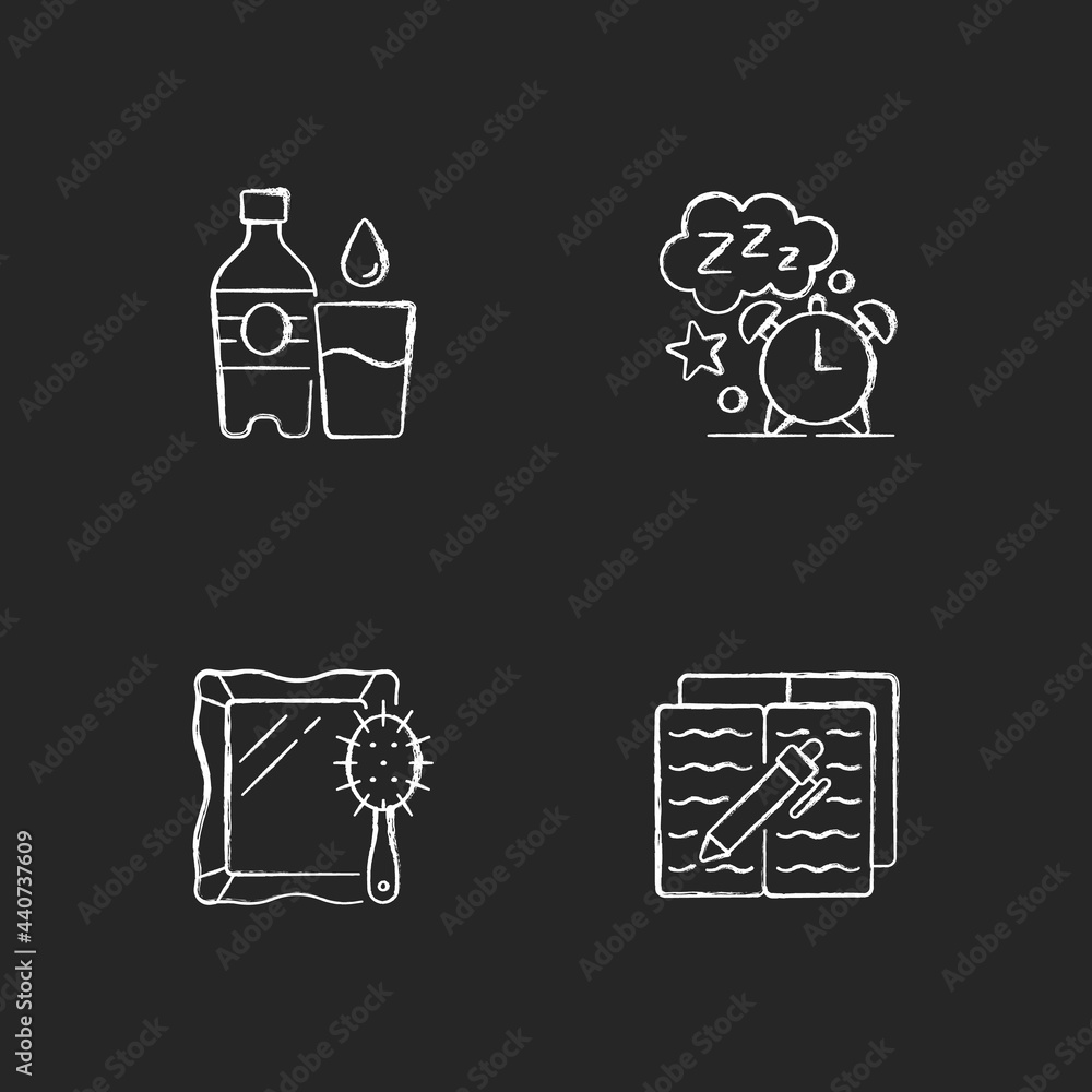 Daily schedule and routine chalk white icons set on dark background ...