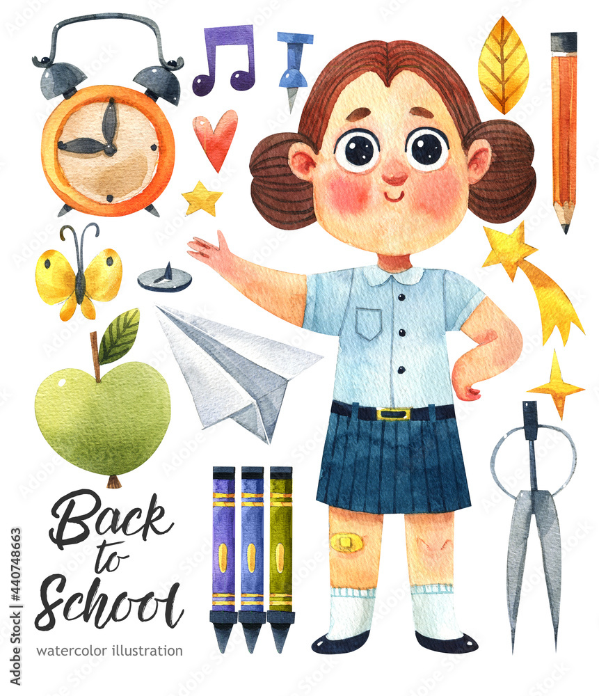 Welcome back to school, Cute watercolor school kid with school elements ...