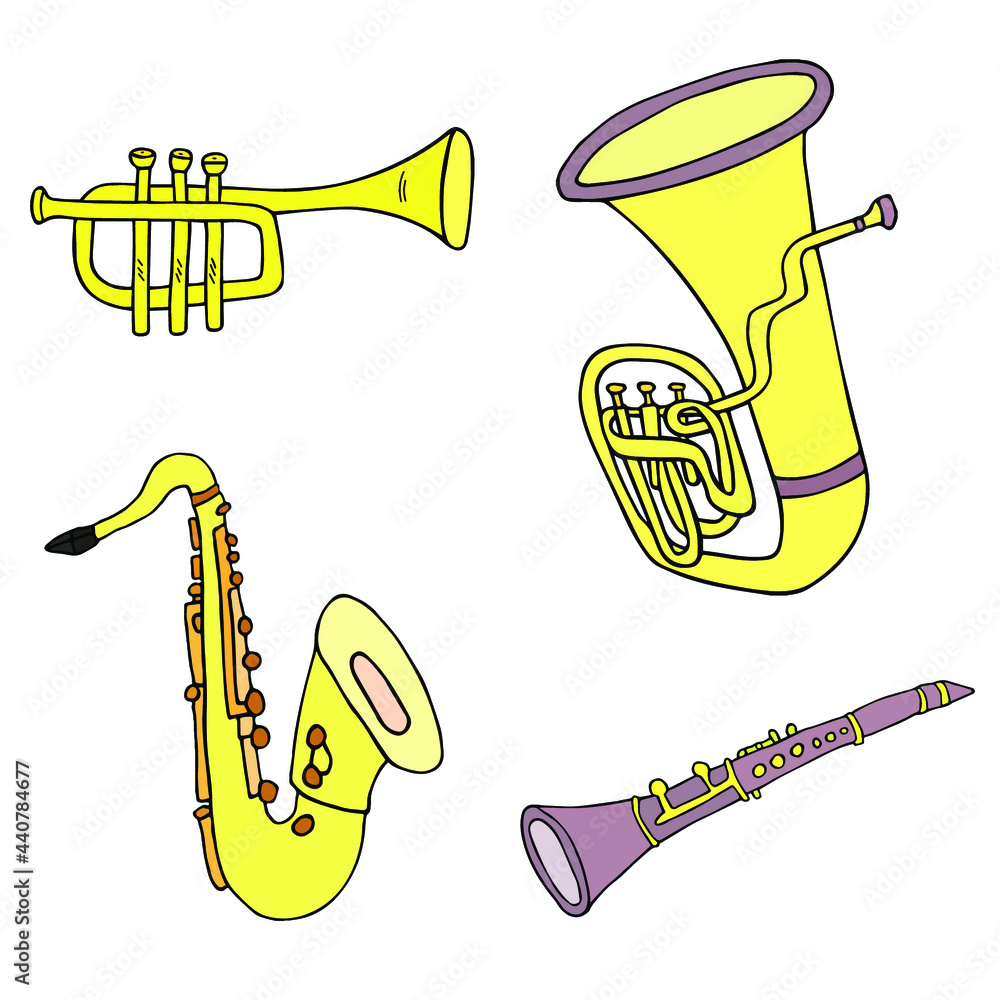 Wind instruments vector set. Saxophone, clarinet, trumpet, tube hand ...