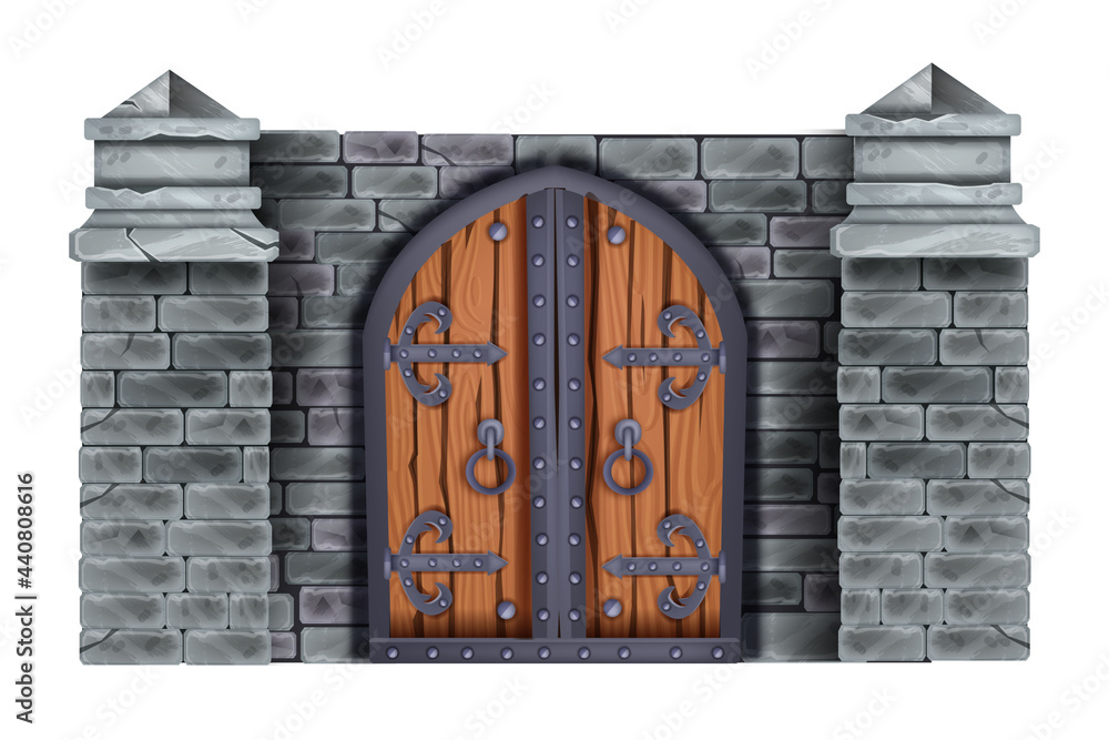 Castle wooden medieval gate, old double closed door, stone pillar ...