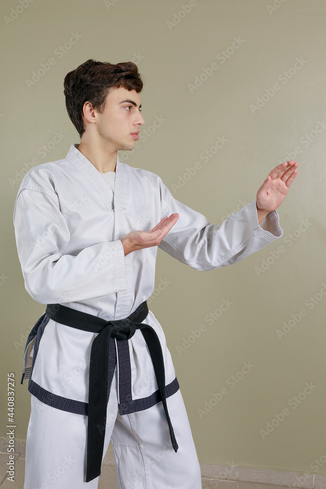 Vertical image of teenager performing double knife hand pose. Position ...