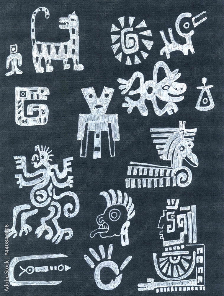 primitive cave figures of ancient Mayan and Aztec tribes,animals ...