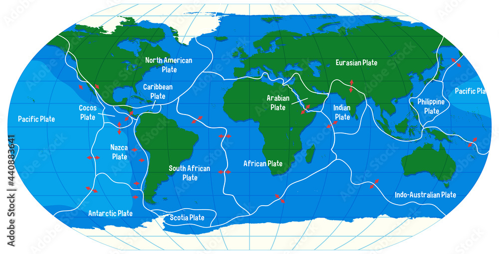 World Map Showing Tectonic Plates Boundaries Stock Vector | Adobe Stock