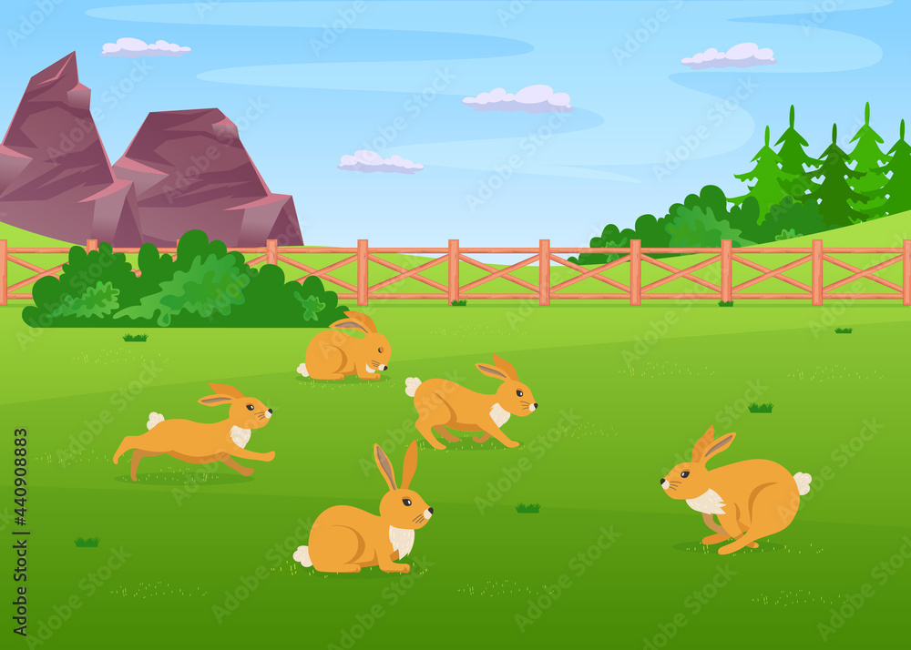 Cute rabbit characters running across field on farm. Small animals with ...