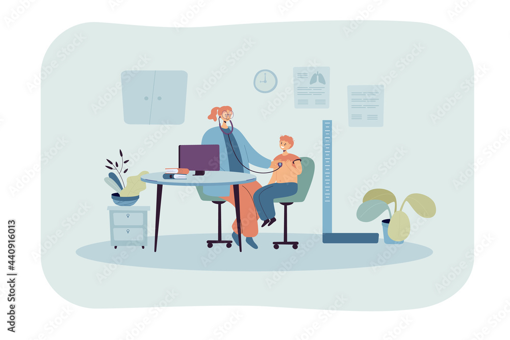 Cartoon boy at reception of pediatrician. Flat vector illustration ...
