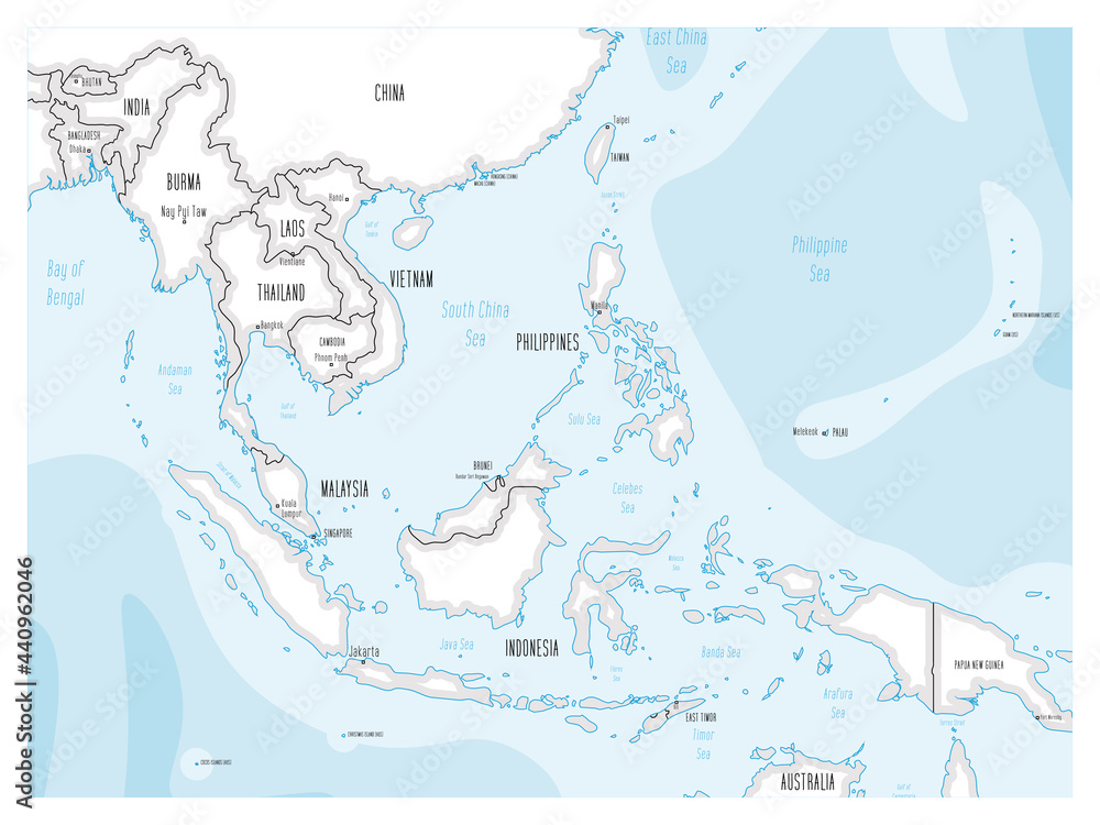 Political map of Southeast Asia. Black outline hand-drawn cartoon style ...
