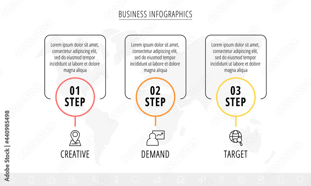 Vector three step line infographic from circles with icons and squares ...