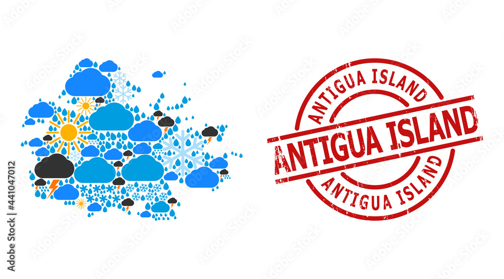 Climate collage map of Antigua Island, and rubber red round stamp ...
