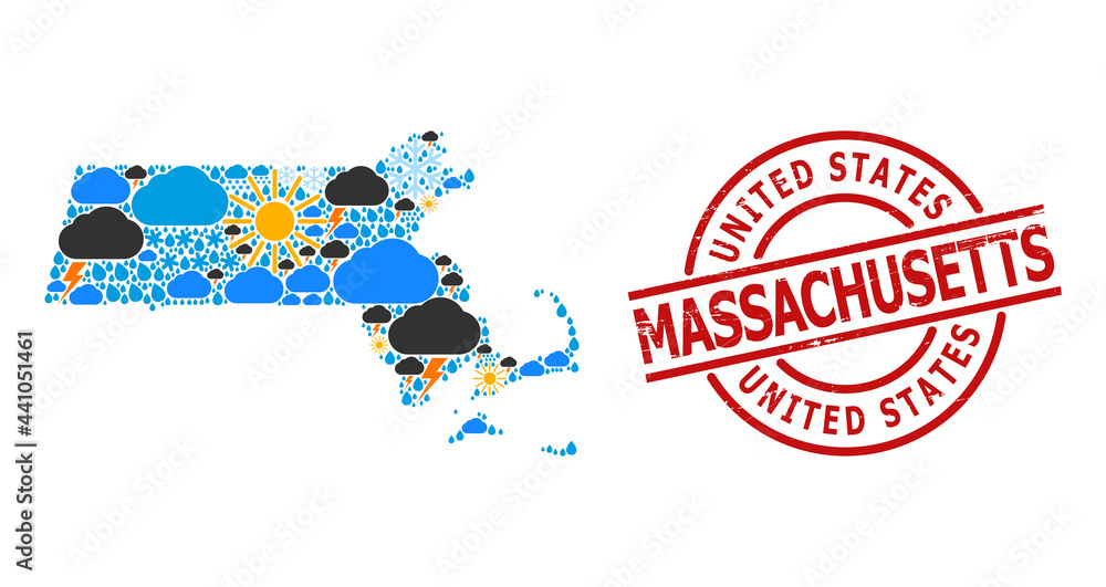 Climate collage map of Massachusetts State, and distress red round seal ...