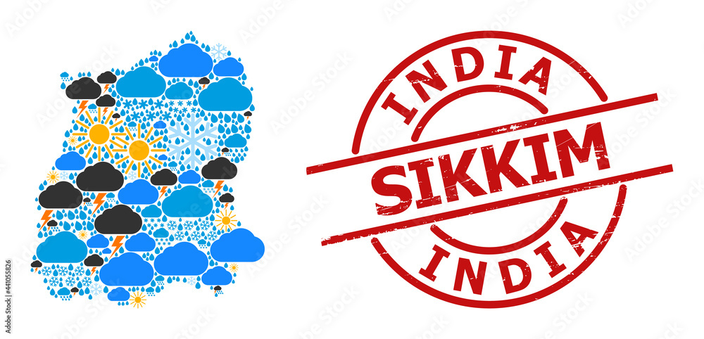 Weather mosaic map of Sikkim State, and distress red round badge ...