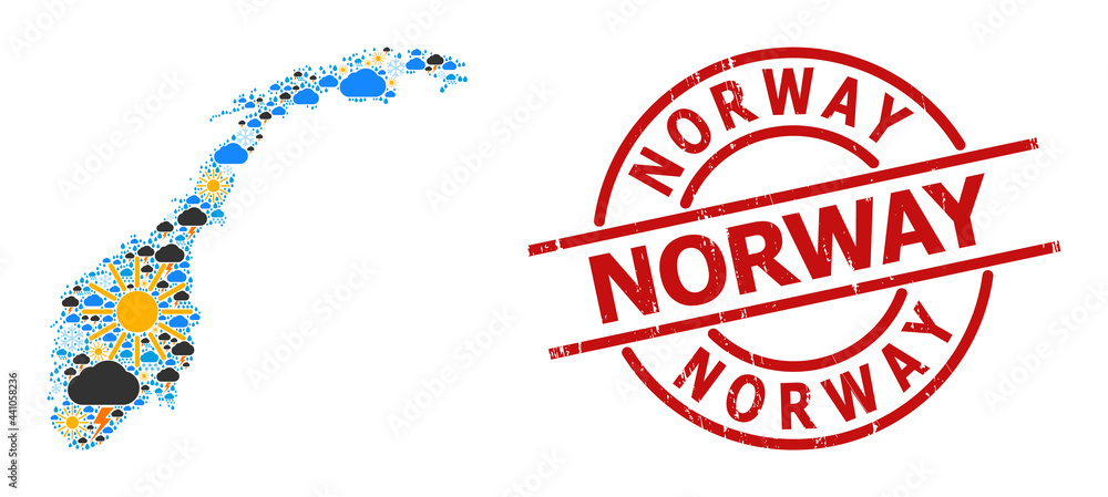 Climate collage map of Norway, and distress red round stamp seal ...