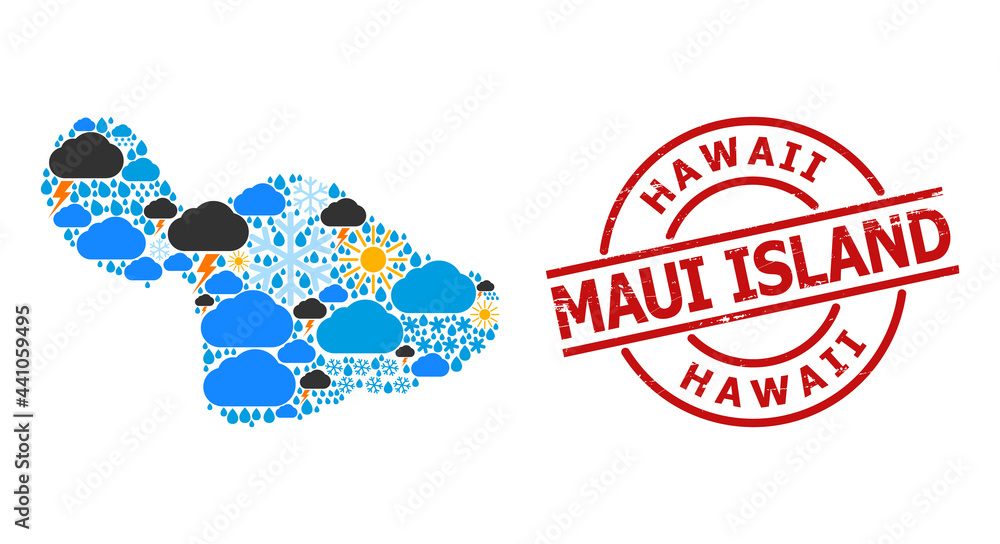 Climate collage map of Maui Island, and textured red round stamp ...
