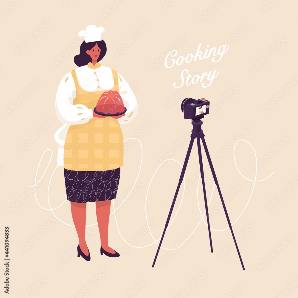 Woman makes video about jelly recipe. Camera, blogging, channel. Quote ...