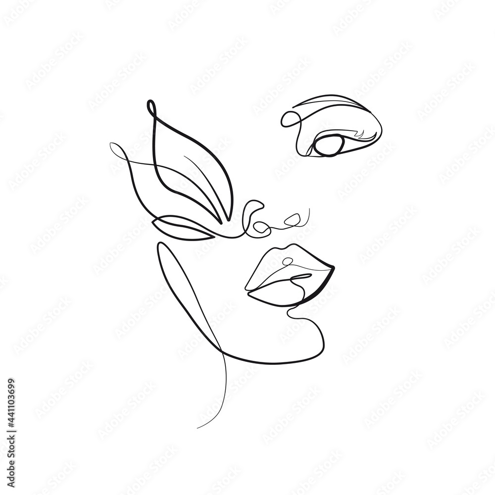 Woman Face with Flowers One Line Drawing. Attractive Woman Portrait ...