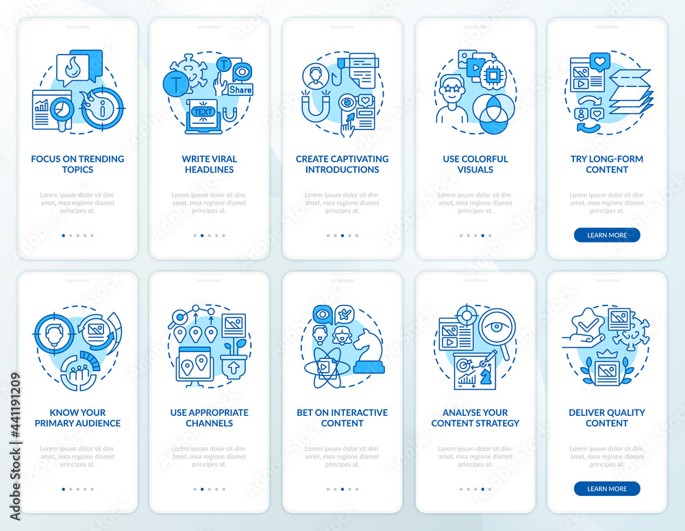 Create content viral onboarding mobile app page screens set. Trending topics walkthrough 5 steps ...