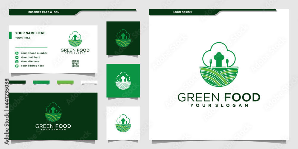 Green food restaurant logo and businnes card design premium vektor ...