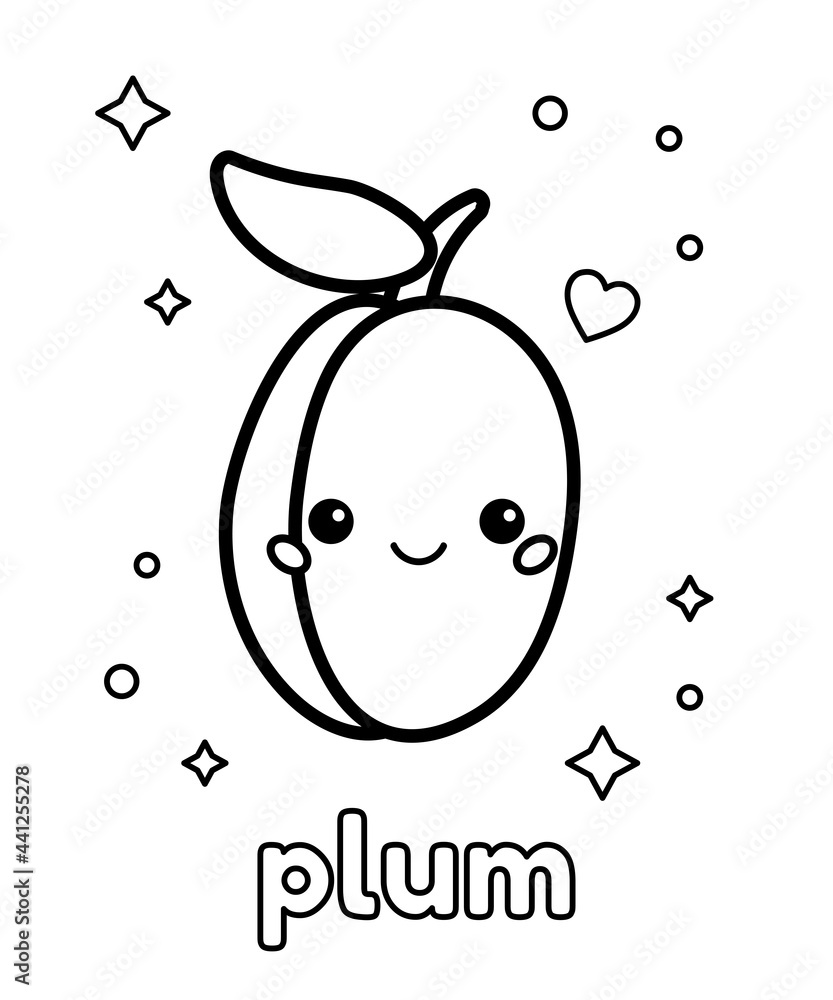 Coloring page for preschool children. Cute kawaii plum berry with face ...