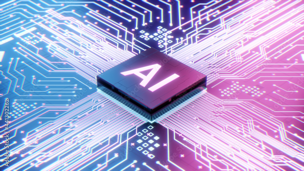 AI microprocessor on motherboard computer circuit, Artificial intelligence integrated inside ...