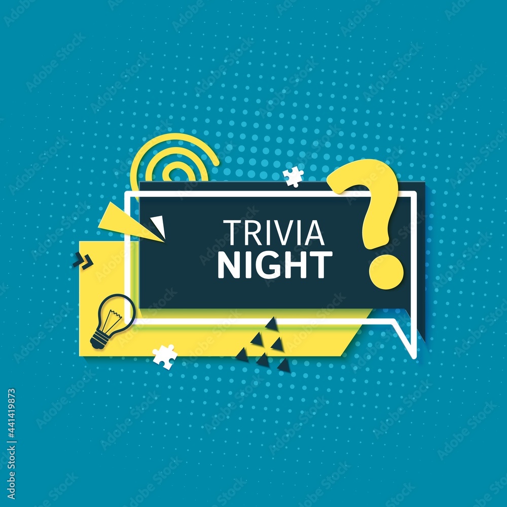 Trivia Night show label in paper cut style. Layout banner with white ...