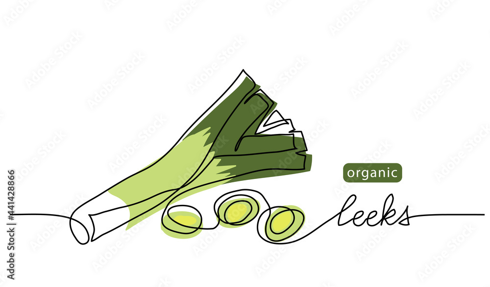 Leeks, fresh onion stalk vector illustration, background. One line ...