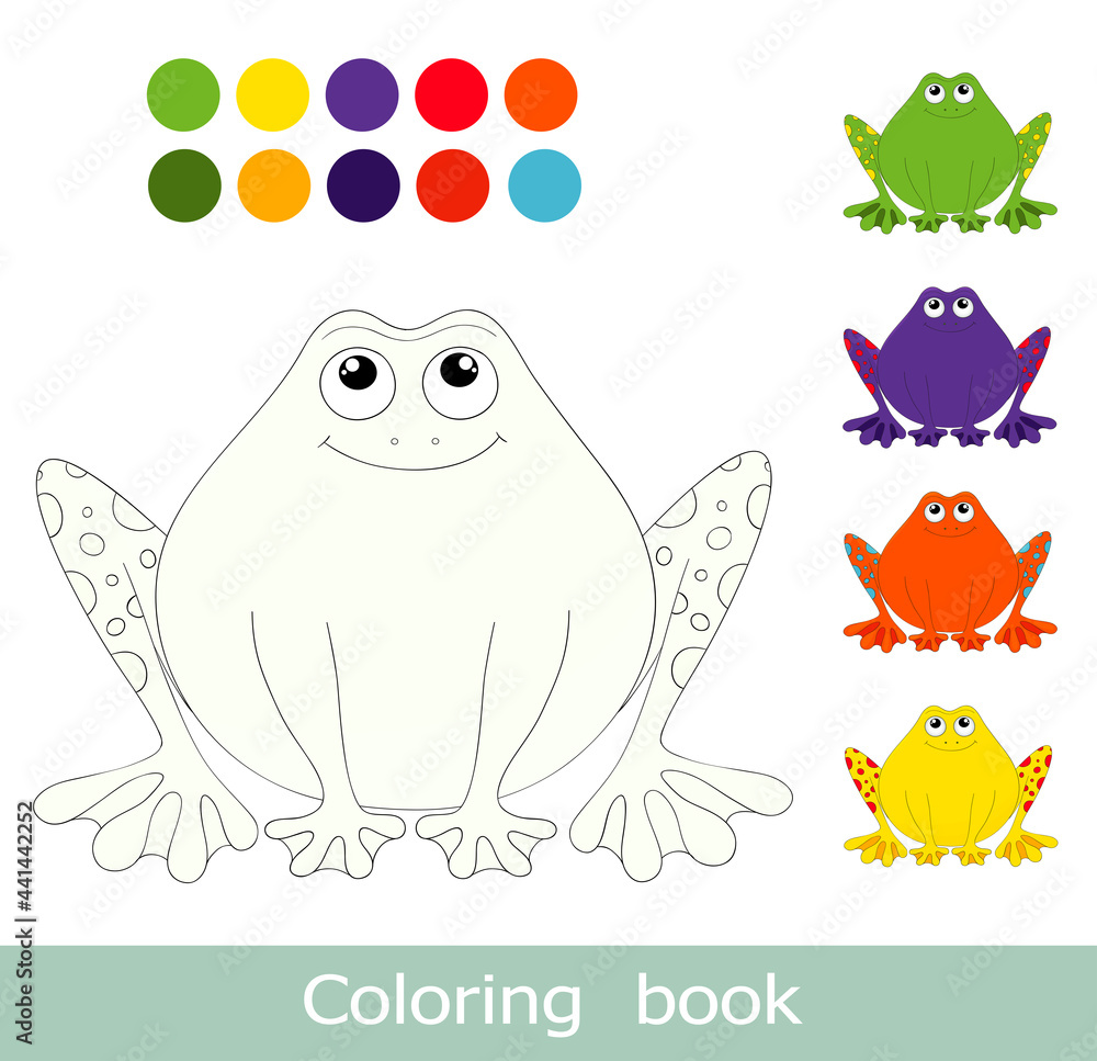 Cute cartoon frogs. Coloring book page with colorful template. Vector ...
